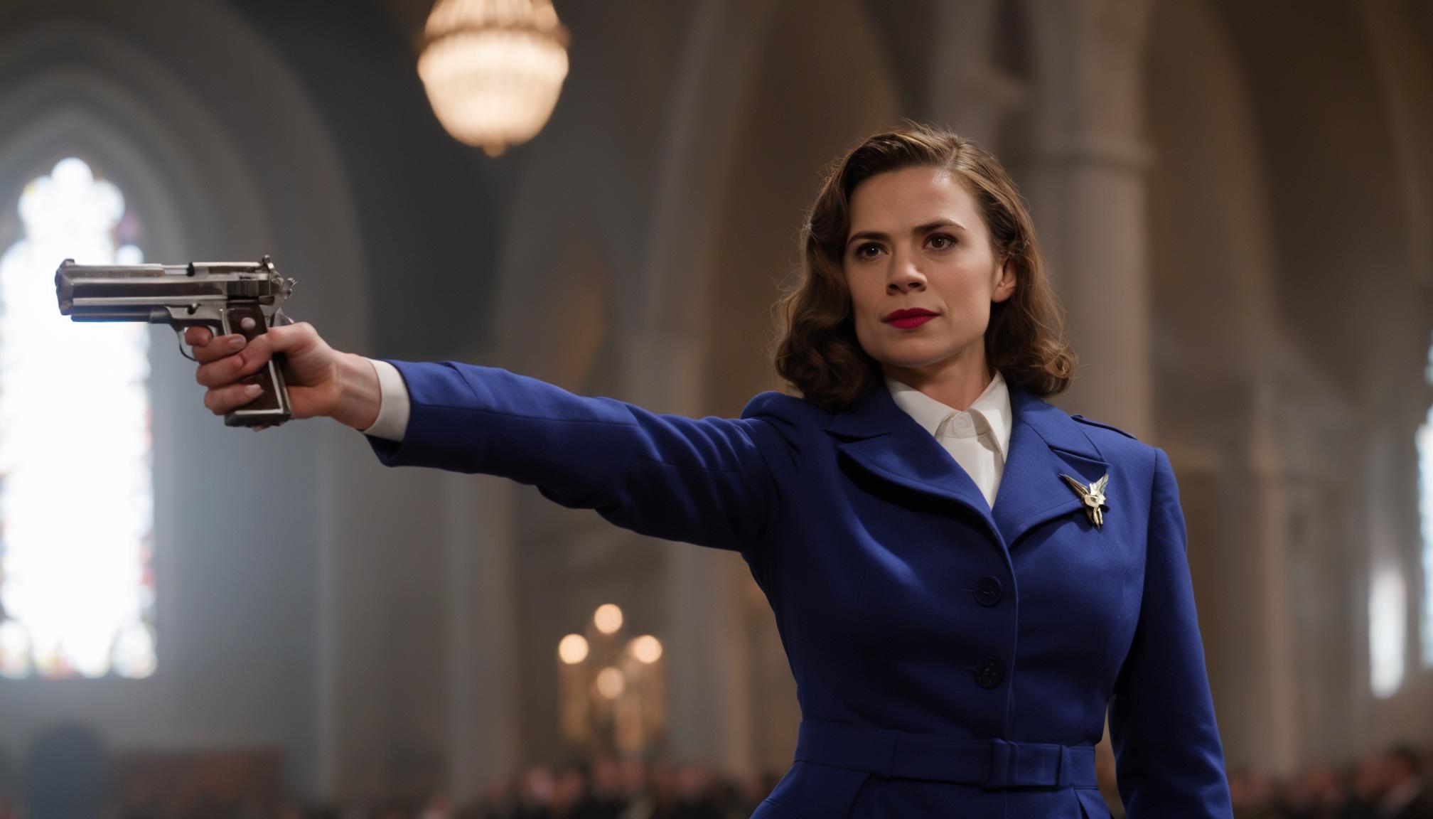 A woman in a blue suit holding a gun in a church - SeaArt AI