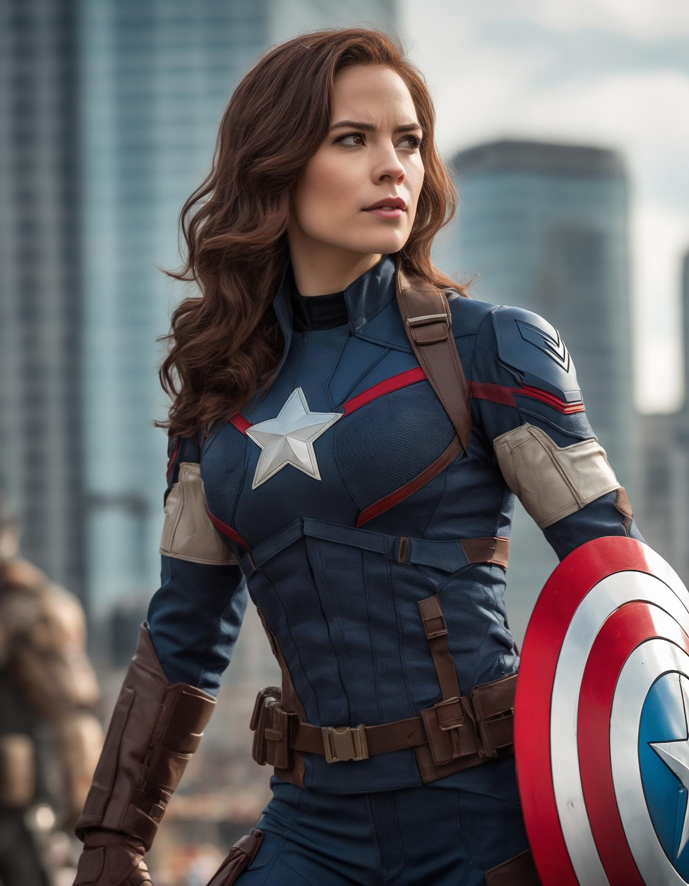 A woman in a captain america costume holding a shield - SeaArt AI