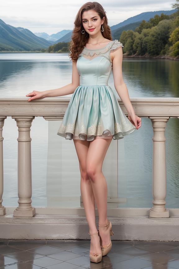 A woman standing on a bridge near a lake wearing a dress - SeaArt AI