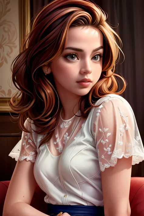 A woman with long hair sitting on a red couch - SeaArt AI