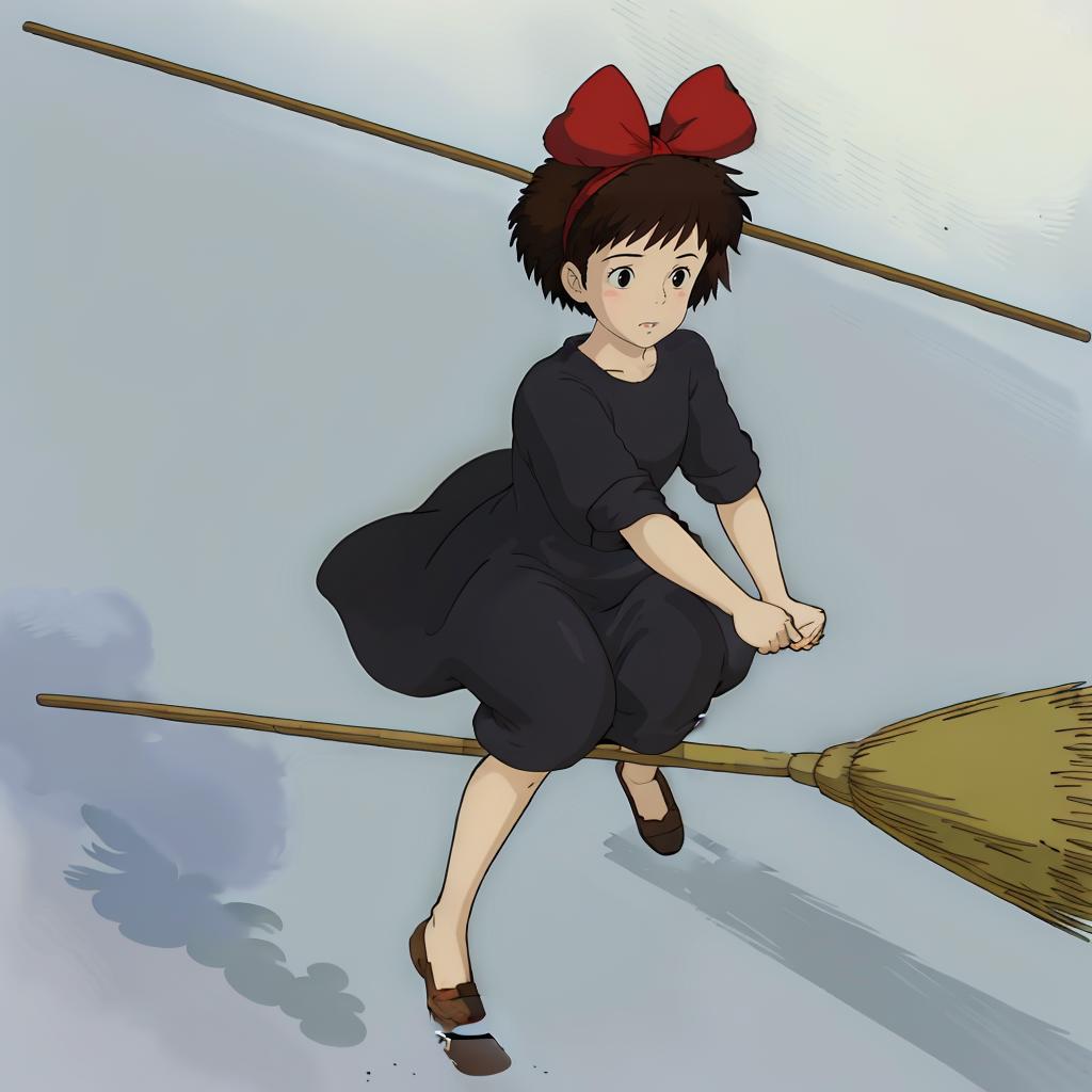 Arafed image of a girl in a black dress riding a broom - SeaArt AI