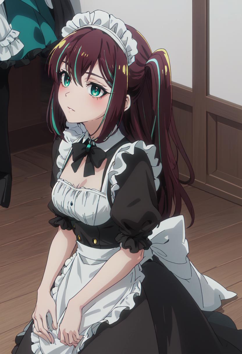 A close up of a woman in a maid outfit sitting on the floor - SeaArt AI