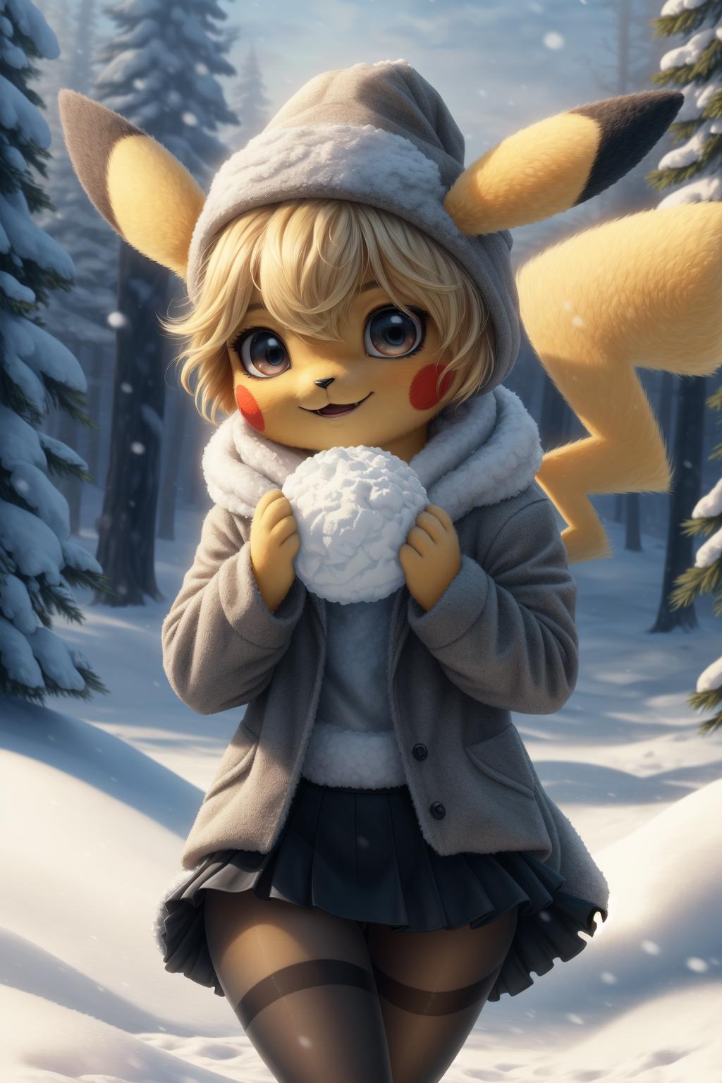 Pokemon pikachu in winter clothes walking through the snow - SeaArt AI