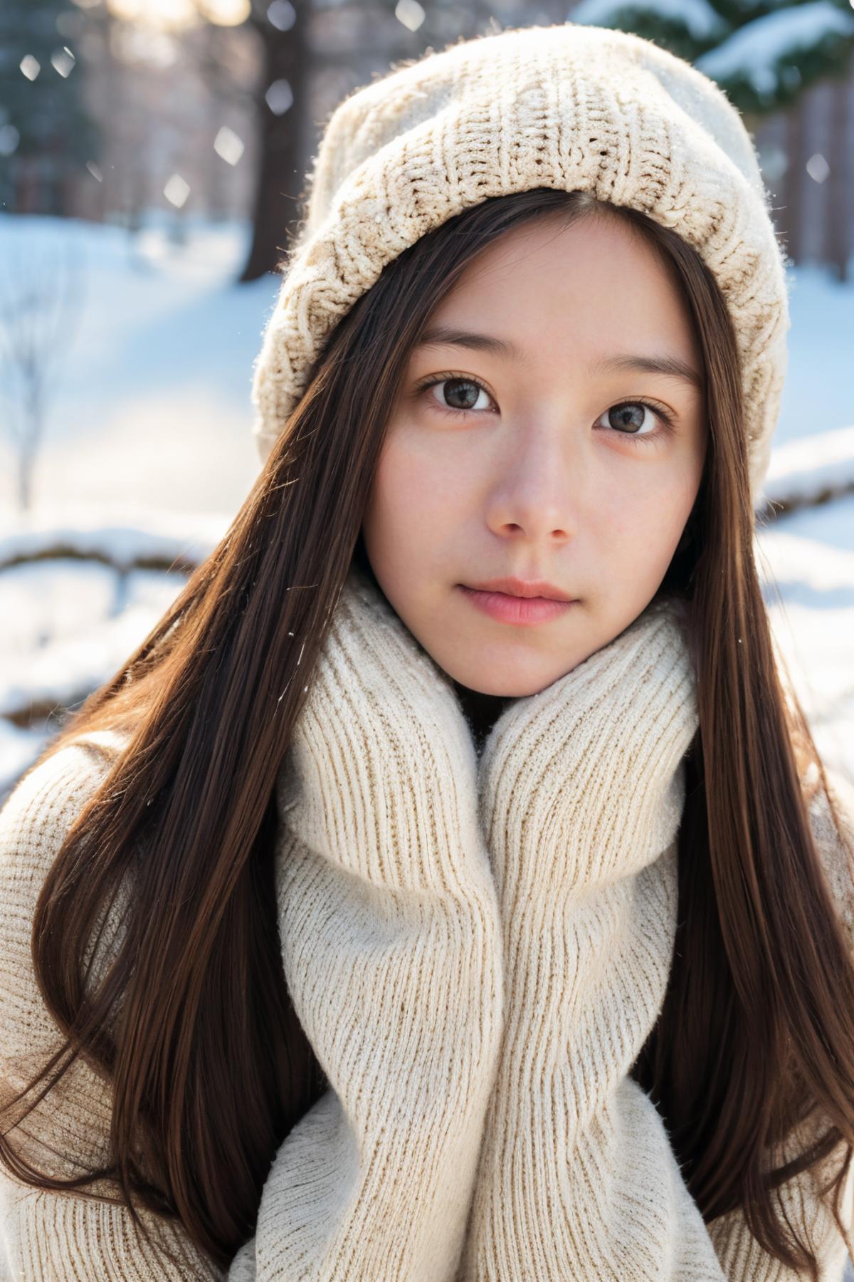 A close up of a woman wearing a hat and scarf - SeaArt AI