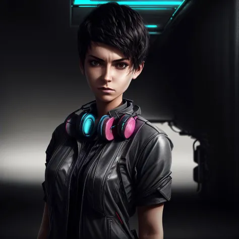 A close up of a person wearing headphones in a dark room - SeaArt AI