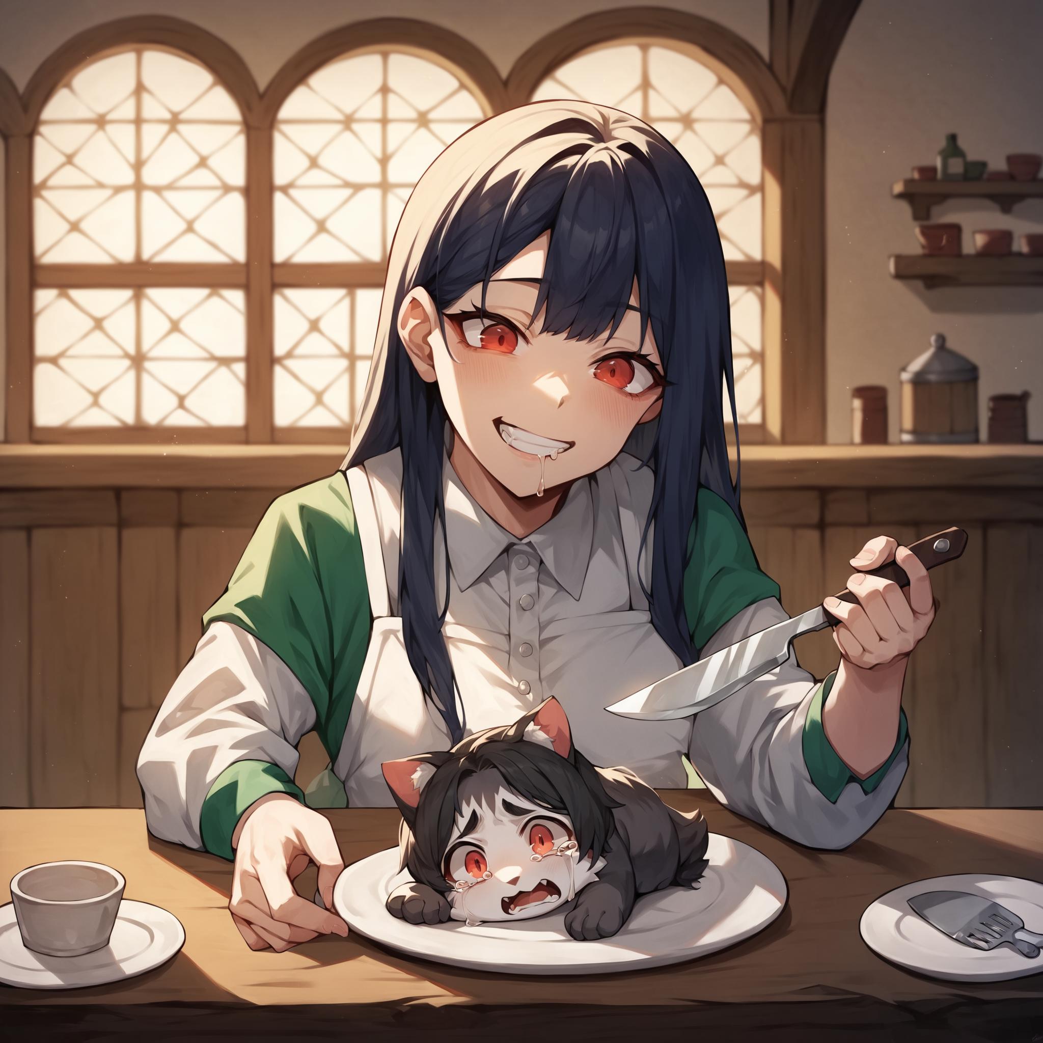 Anime girl with blue hair eating cake with knife and fork - SeaArt AI