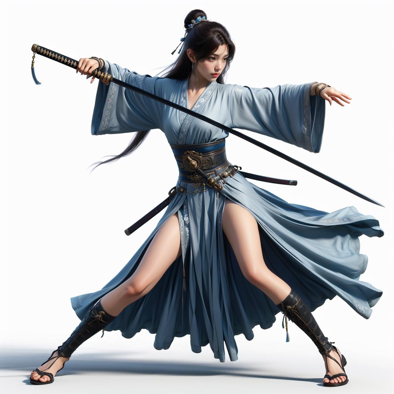 A woman in a blue dress holding a sword and a sword - SeaArt AI
