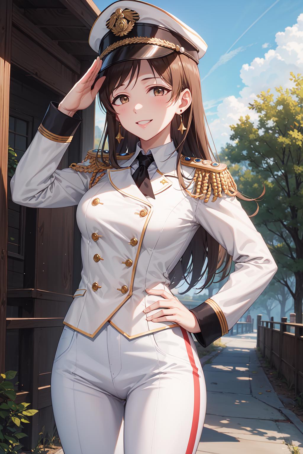 A woman in a uniform poses for a picture in front of a building - SeaArt AI