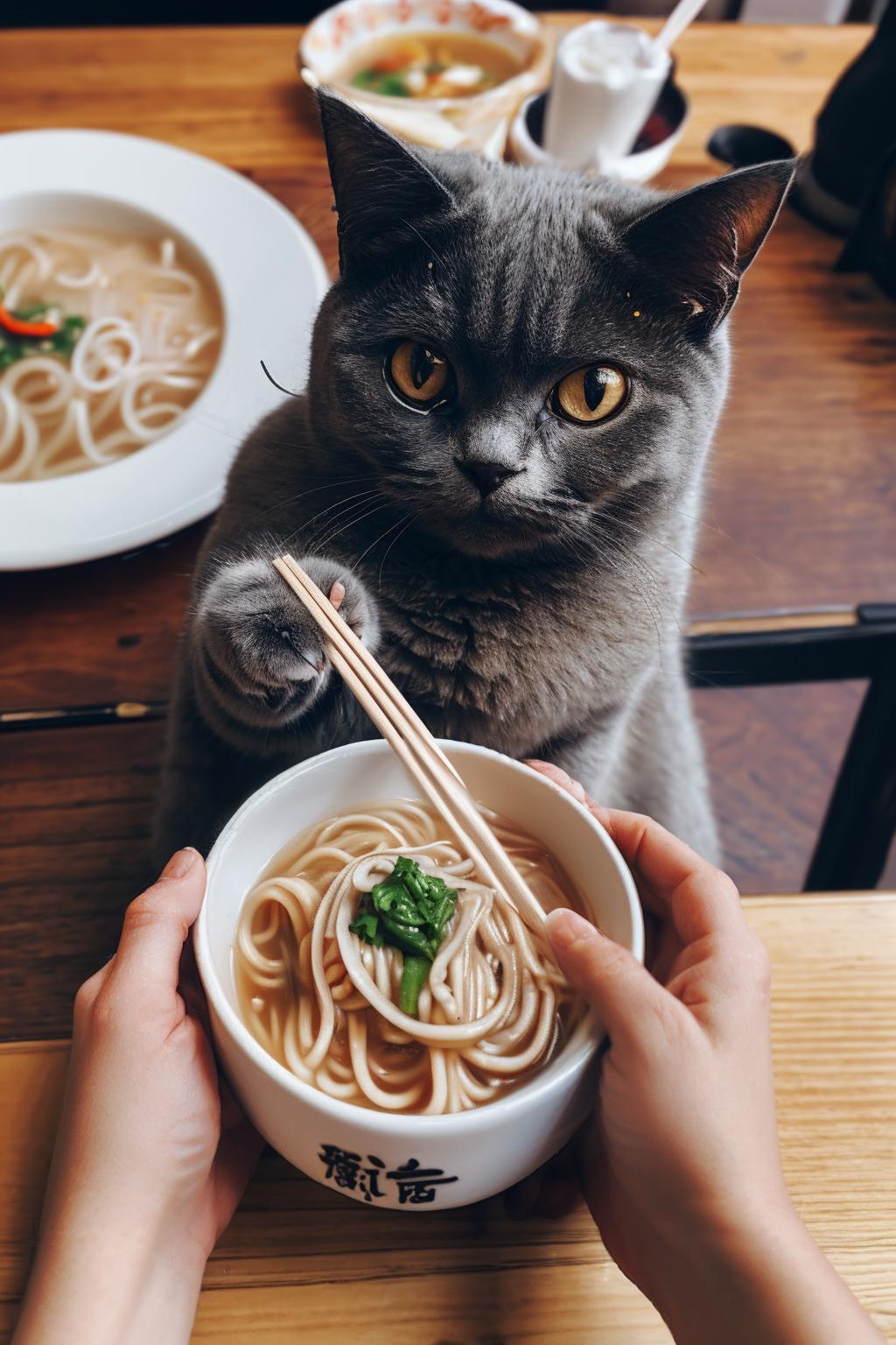 Someone holding a bowl of noodles with chopsticks in front of a cat ...