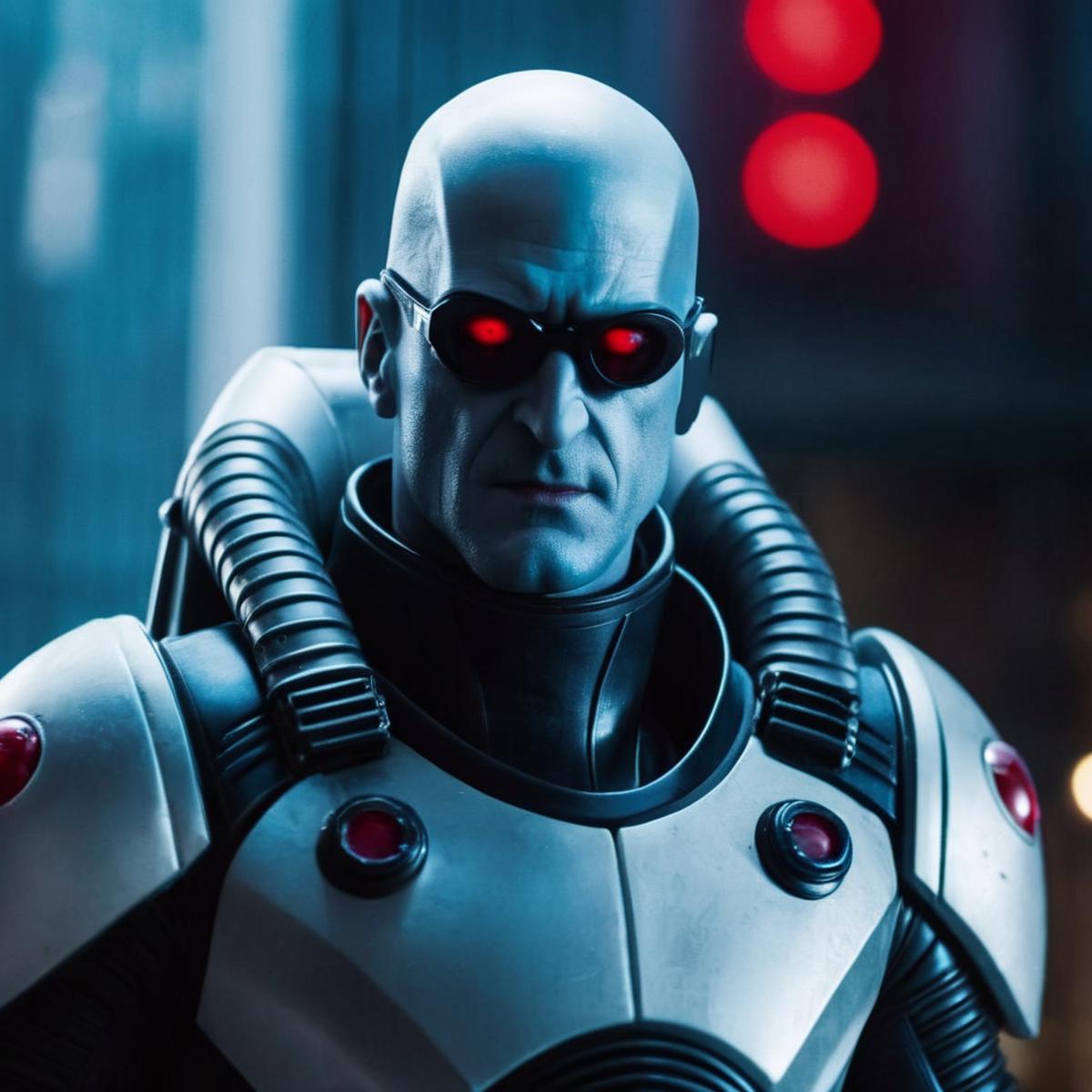 A close up of a robot with red eyes standing in front of a building ...