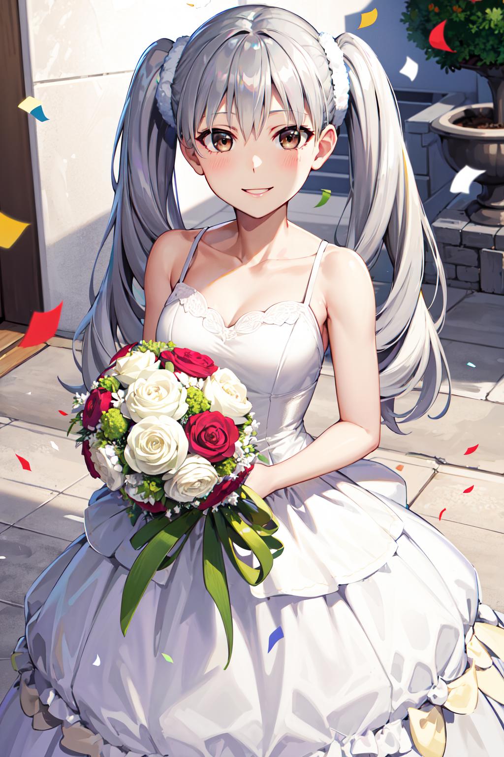 Anime - style image of a bride in a wedding dress holding a bouquet ...