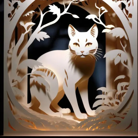 There is a paper cut cat sitting in a tree with leaves - SeaArt AI