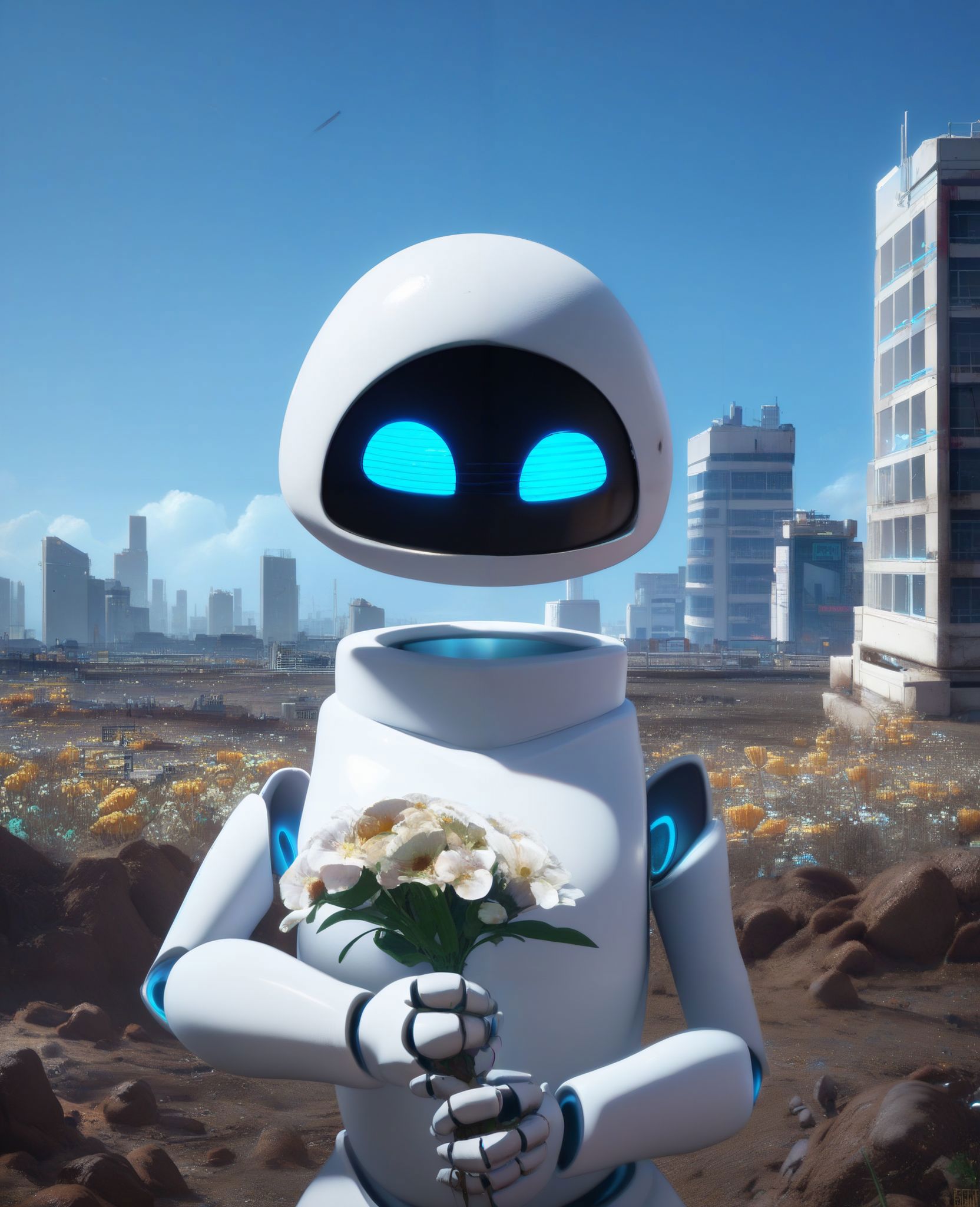 A close up of a robot sitting on a pile of rubble - SeaArt AI