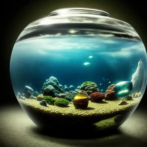 There is a fish bowl with a fish and some plants in it - SeaArt AI