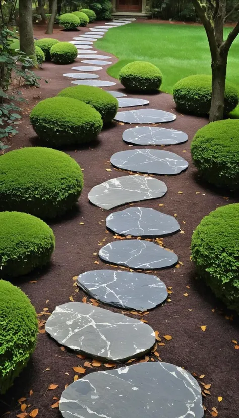 A close up of a pathway with stepping stones in a garden - SeaArt AI