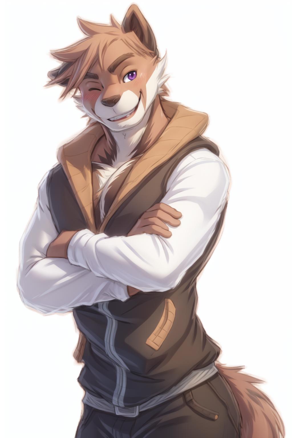 A drawing of a man with a fox mask and vest - SeaArt AI