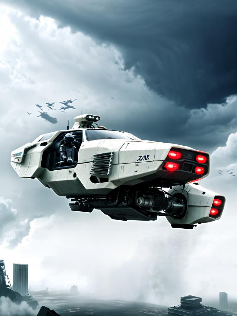 There is a white vehicle flying through the air with a city in the ...