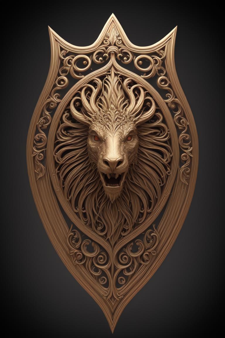 A wooden lion head mounted on a shield with intricate carvings - SeaArt AI