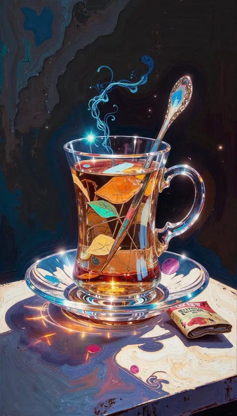 Painting of a cup of tea with a spoon and a tea bag - SeaArt AI