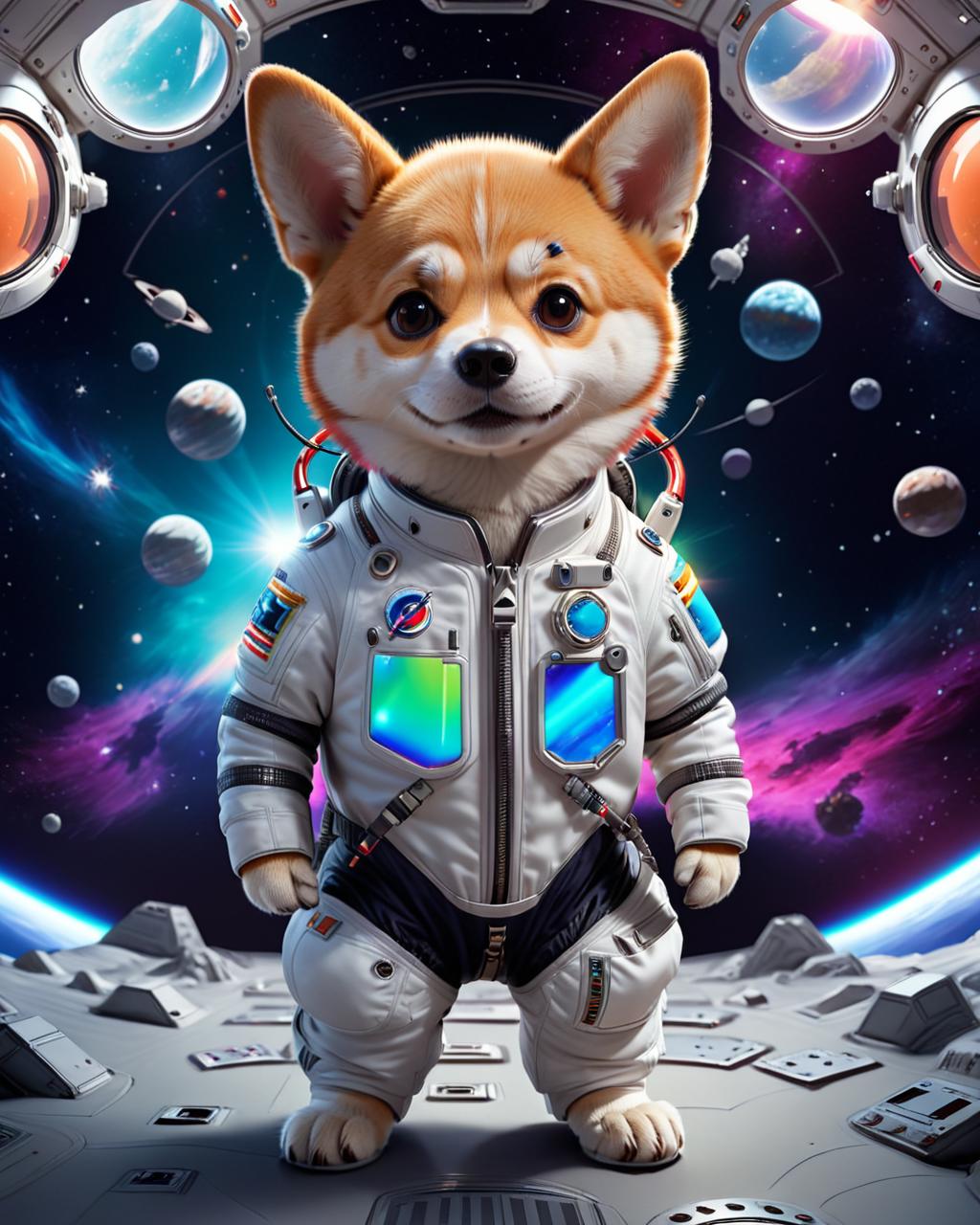 A close up of a dog in a space suit in front of a planet - SeaArt AI