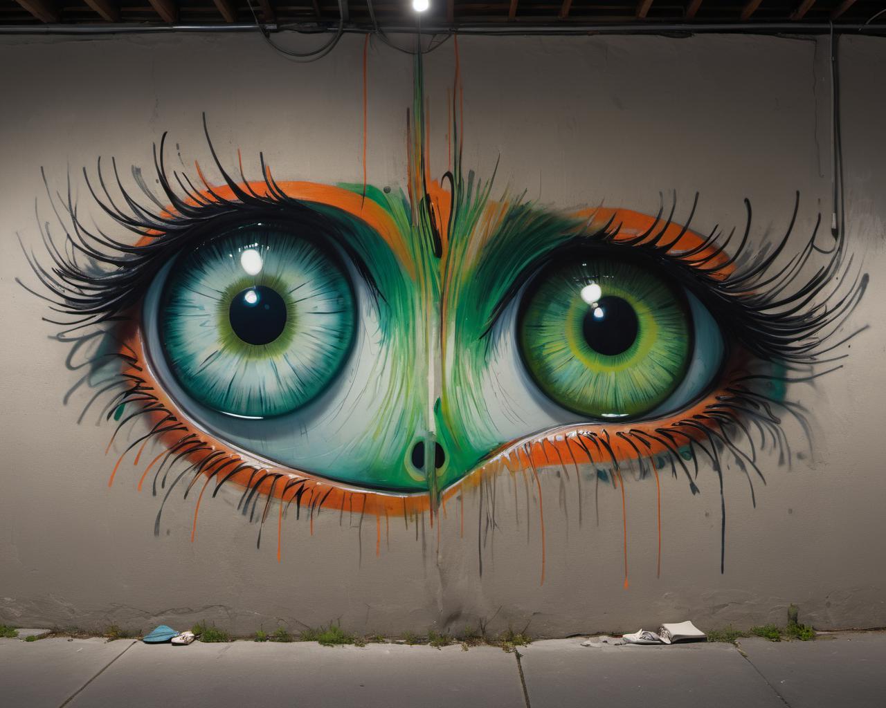 Graffiti art of a green eye with orange and blue streaks - SeaArt AI