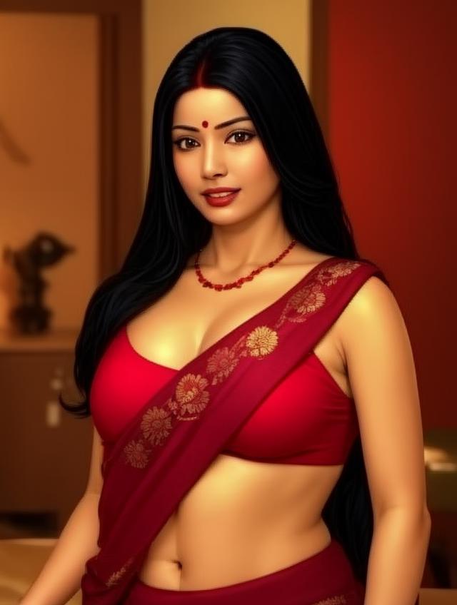 A close up of a woman in a red sari posing for a picture - SeaArt AI