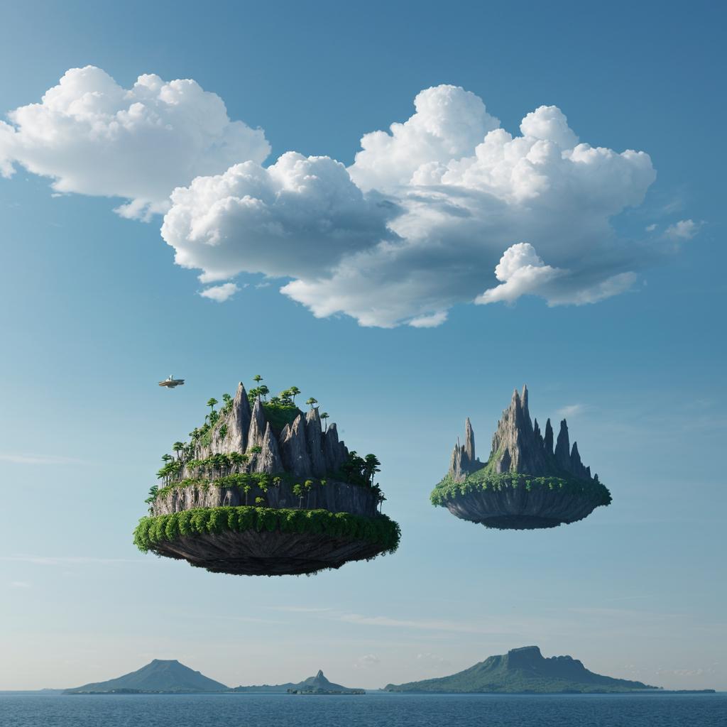 A couple of floating islands floating in the air over a body of water ...