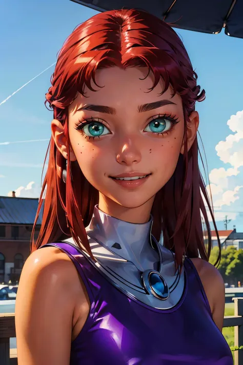 A close up of a woman with red hair and a purple top - SeaArt AI