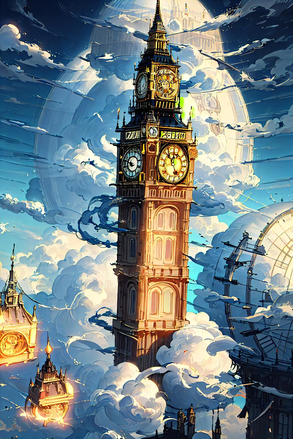 There is a painting of a clock tower in the sky - SeaArt AI