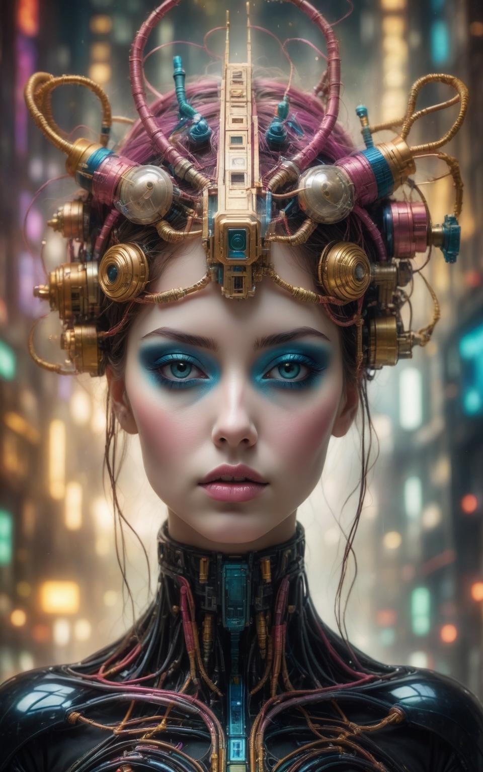 A woman with a futuristic headpiece and a futuristic costume - SeaArt AI