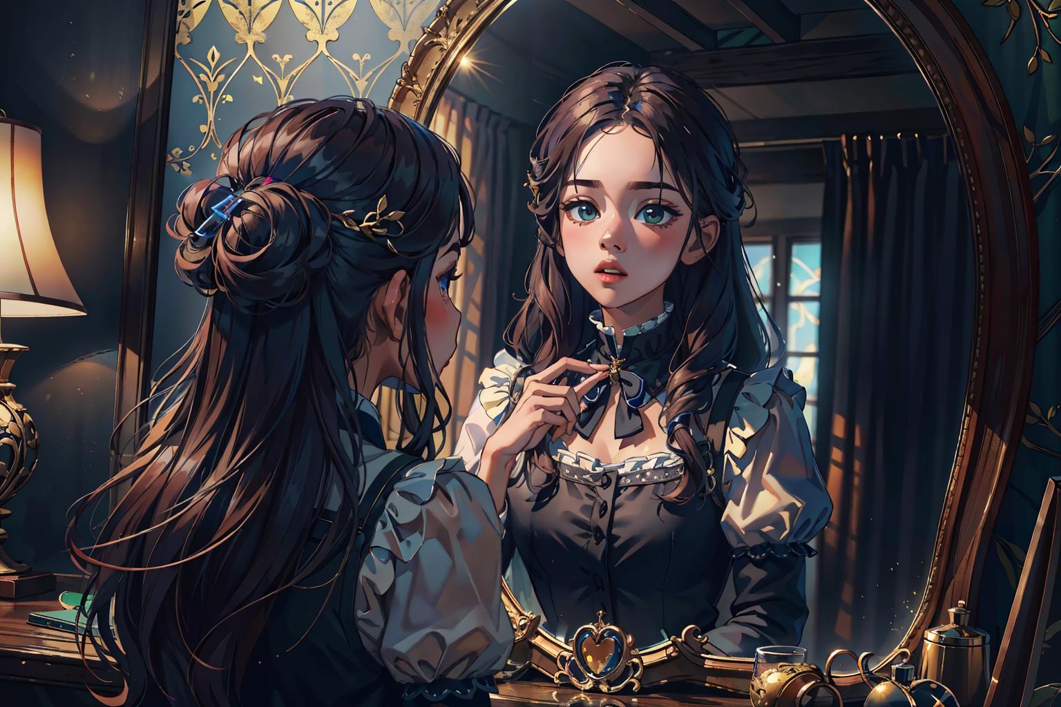Anime girl looking at herself in mirror in front of a mirror - SeaArt AI