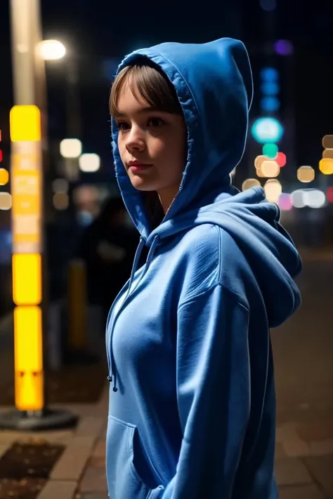 Arafed woman in a blue hoodie standing on a city street - SeaArt AI