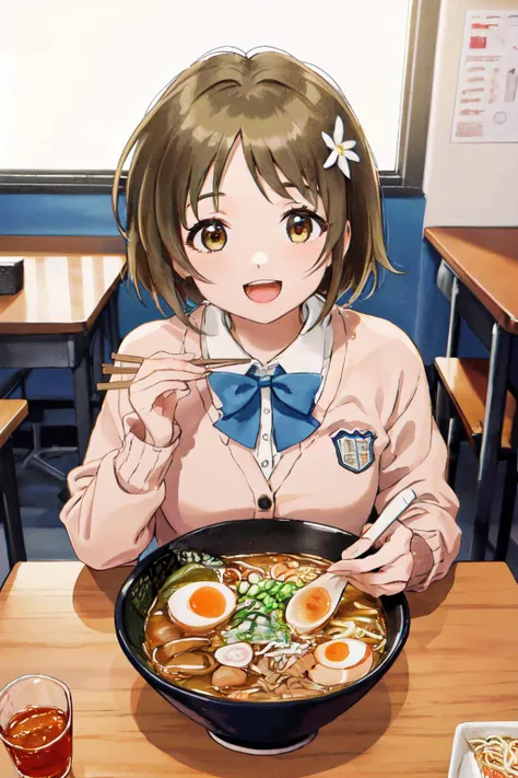 Anime girl eating ramen with chopsticks and a bowl of noodles - SeaArt AI