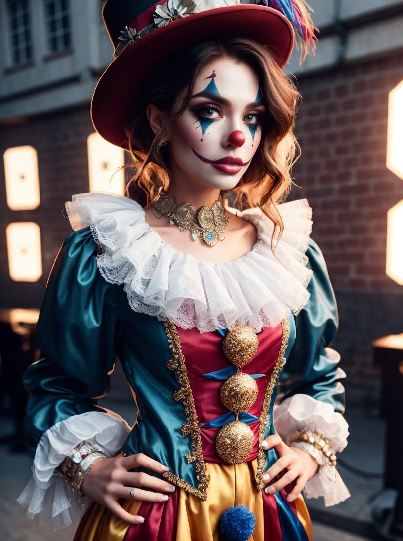 A woman dressed in a clown makeup and costume posing for a picture ...