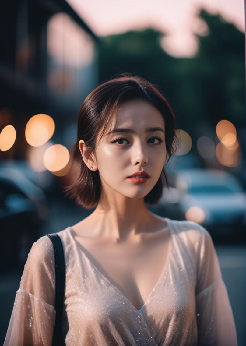 A woman in a sheered dress standing on a city street - SeaArt AI