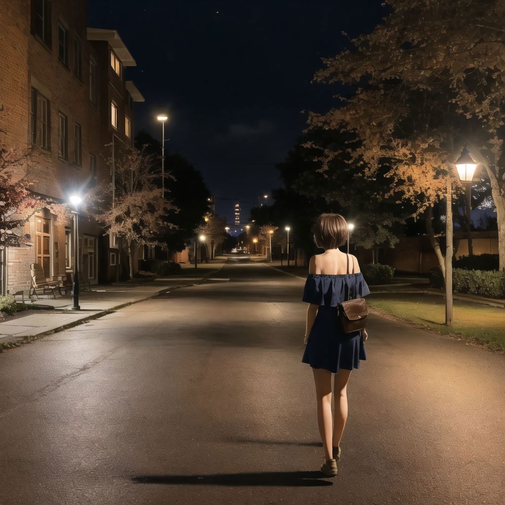 Arafed woman walking down a street at night with a backpack - SeaArt AI