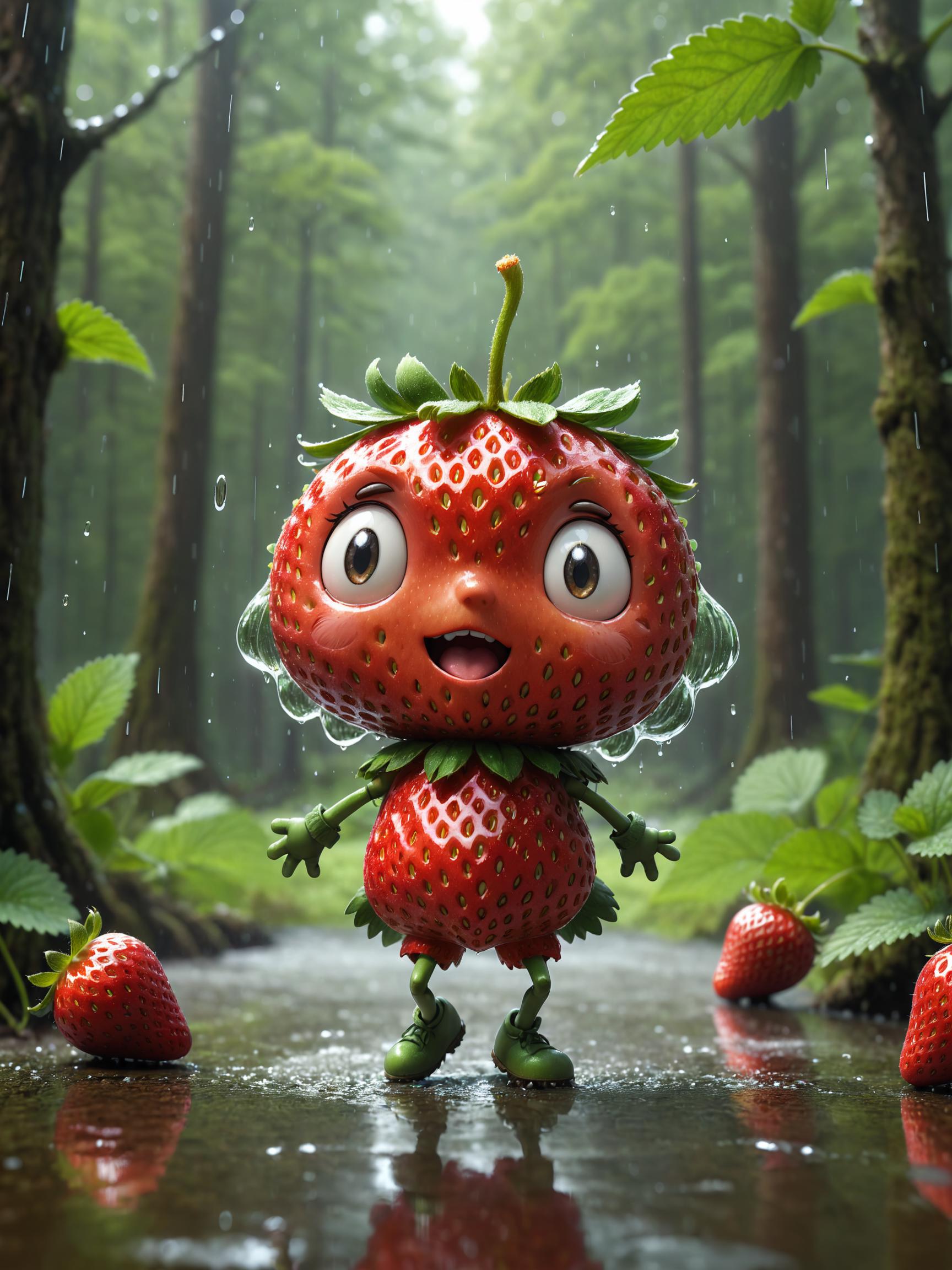 A close up of a cartoon strawberry standing in the rain - SeaArt AI