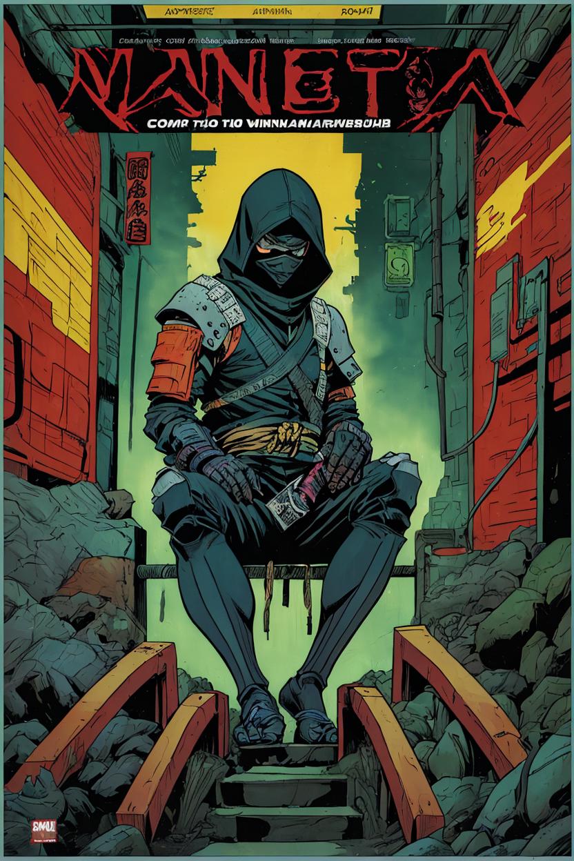 A cover of a comic book with a ninja sitting on a bench - SeaArt AI
