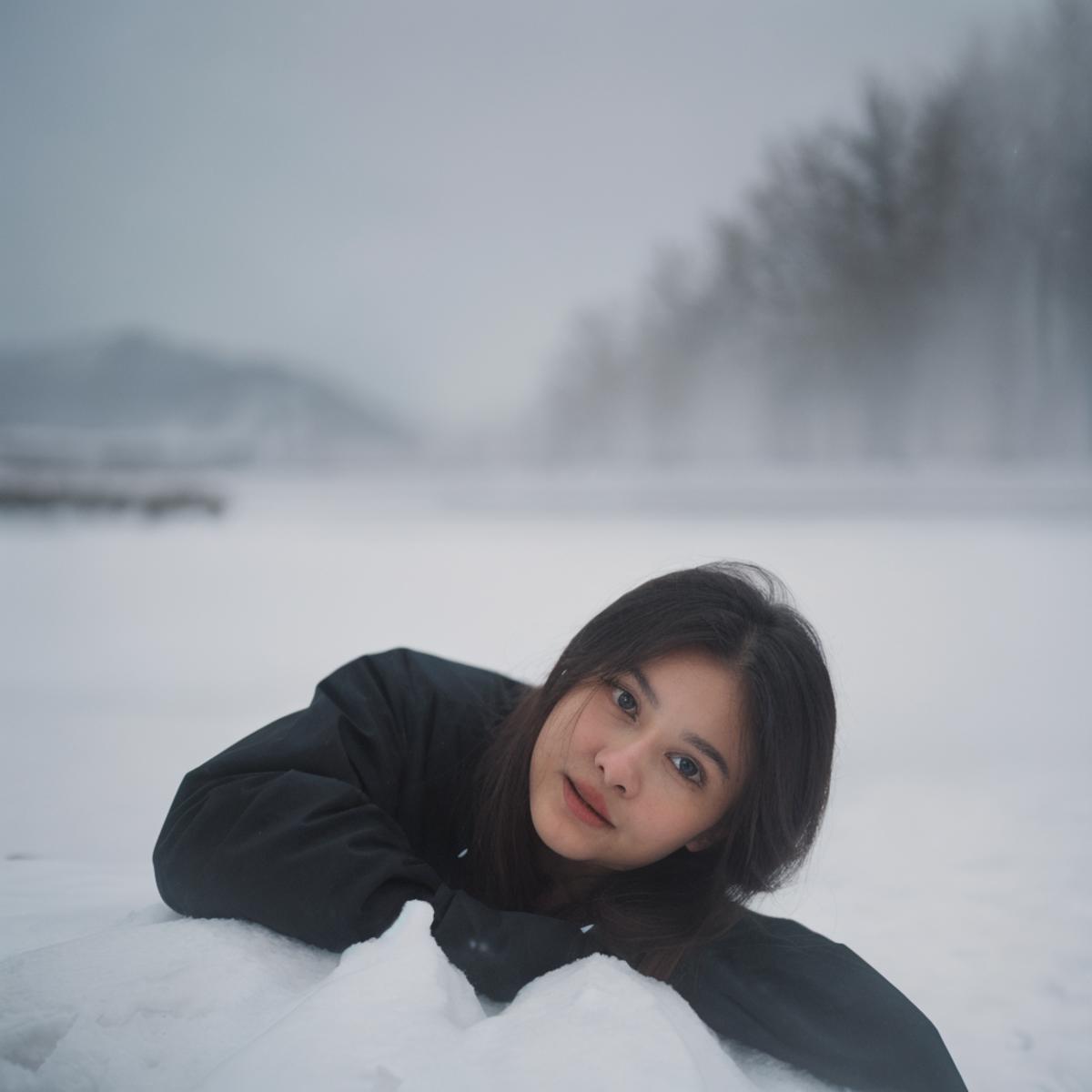 Arafed woman laying in the snow with her arms crossed - SeaArt AI