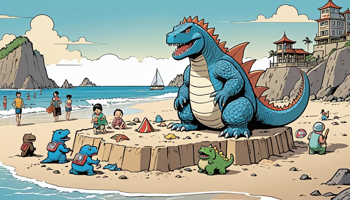 Cartoon of a godzilla on a beach with people on the shore - SeaArt AI