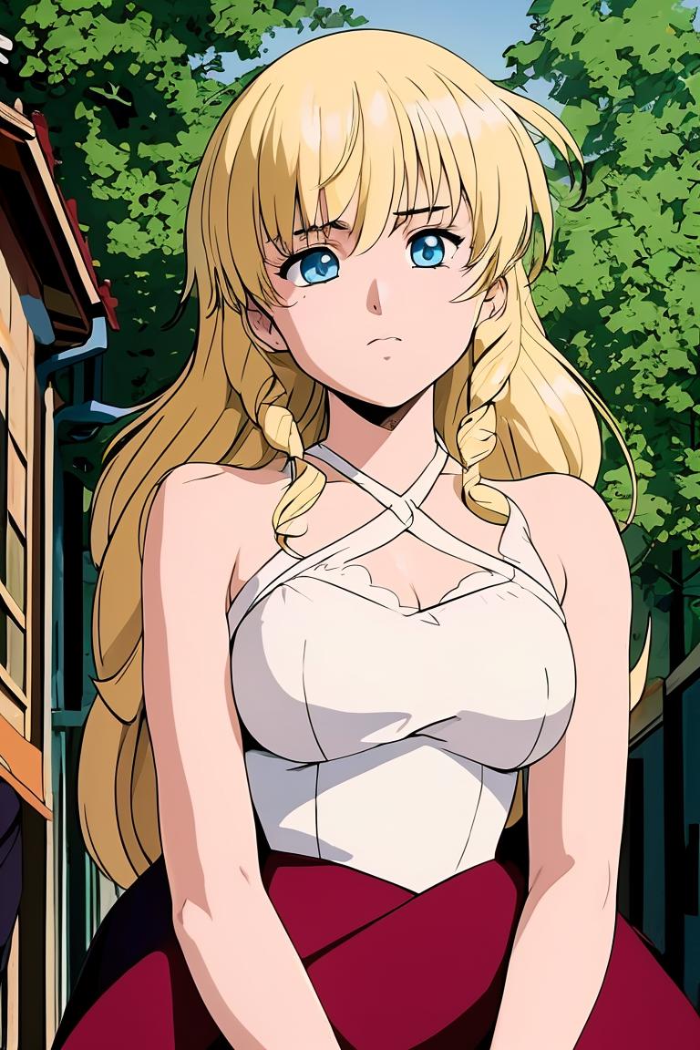 A woman in a white top and red skirt standing in front of a building - SeaArt AI