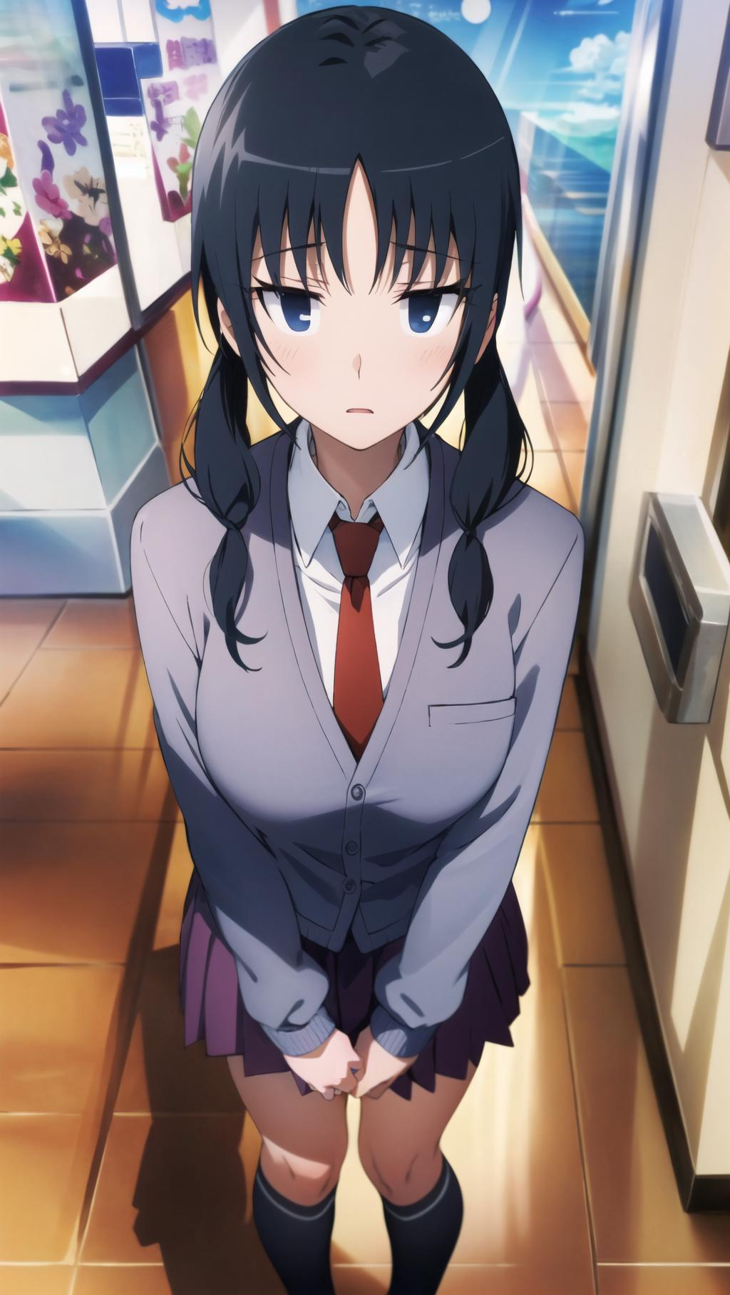 Anime girl in school uniform standing in a kitchen with a refrigerator ...