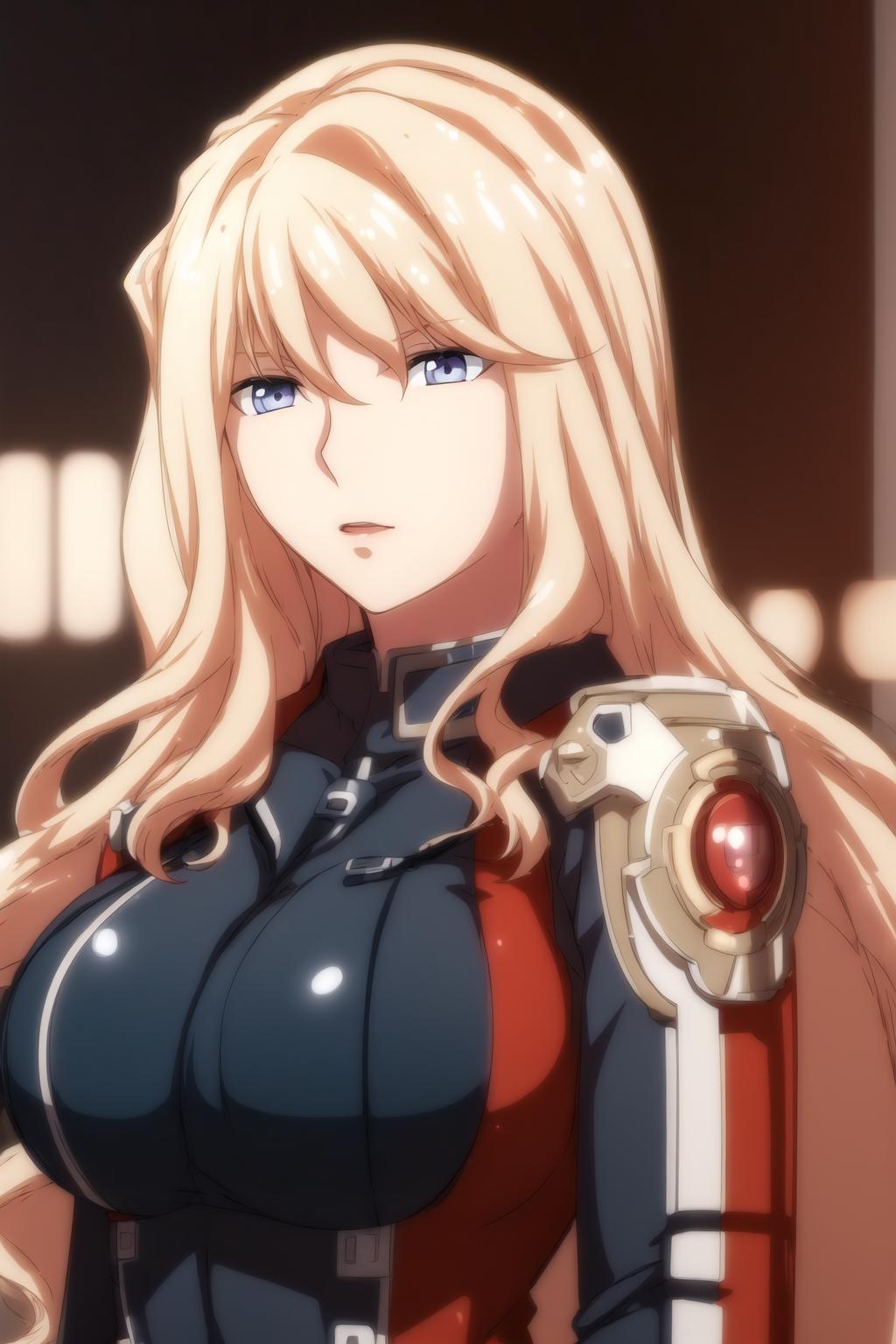 A woman with long blonde hair and blue eyes in a red and white outfit - SeaArt AI