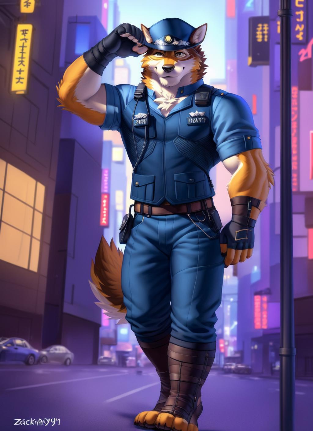 A cartoon fox in a police uniform walking down a street - SeaArt AI