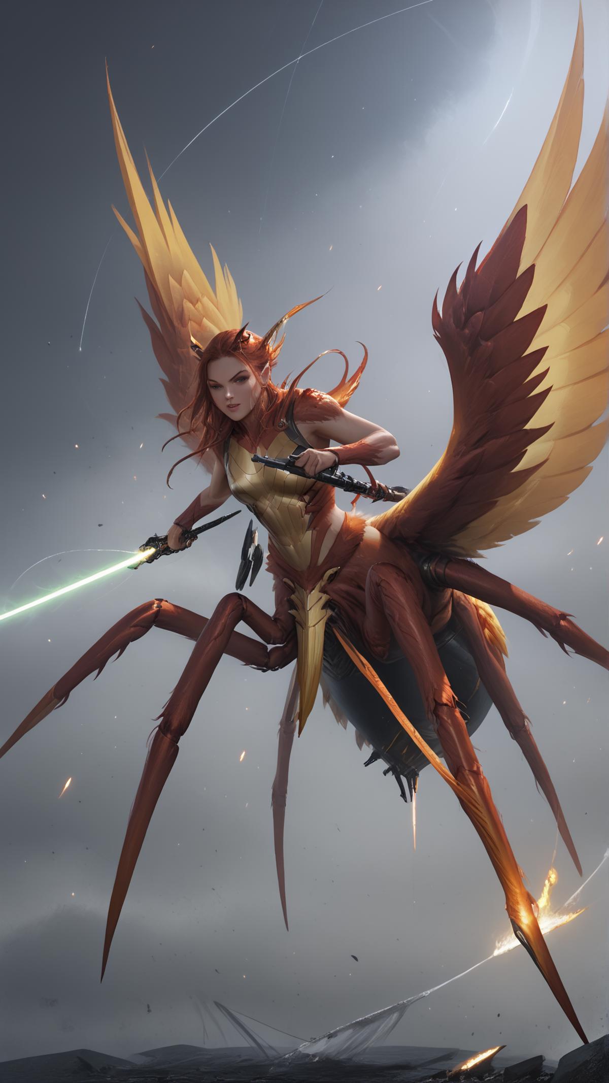 A woman with a sword flying through the air - SeaArt AI