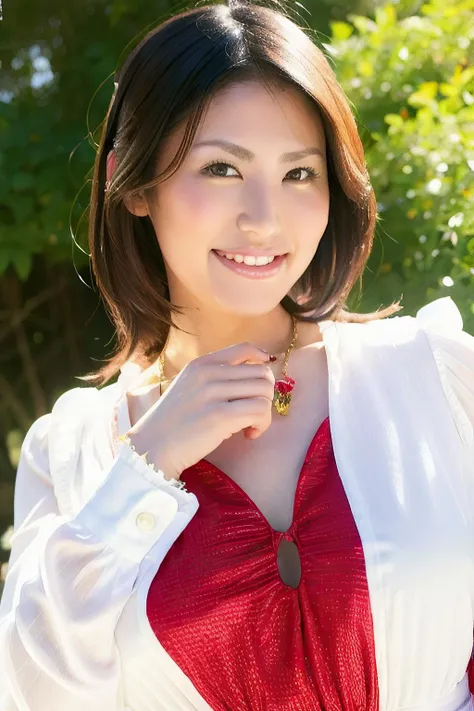 A close up of a woman in a red and white dress - SeaArt AI