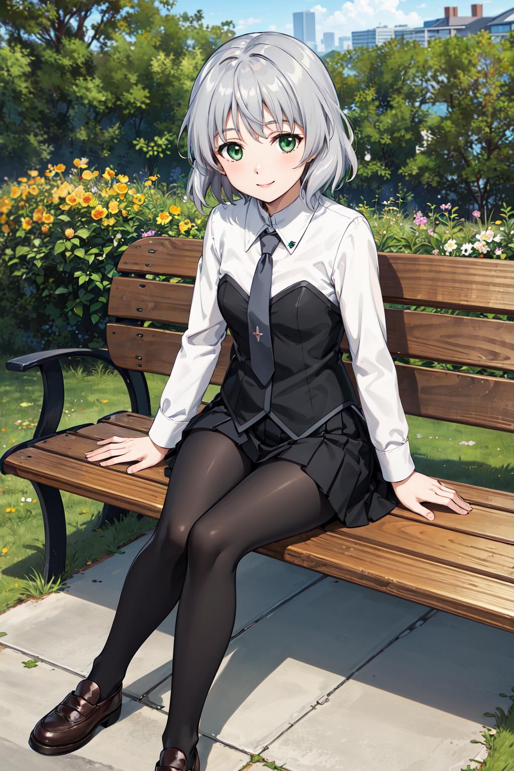 Anime girl sitting on a bench in a park with a city in the background ...