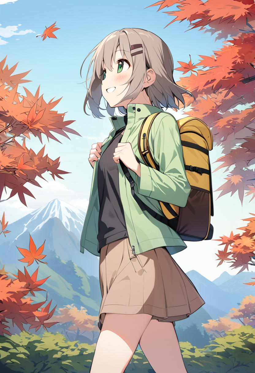 Anime girl with backpack walking through a forest with autumn leaves ...