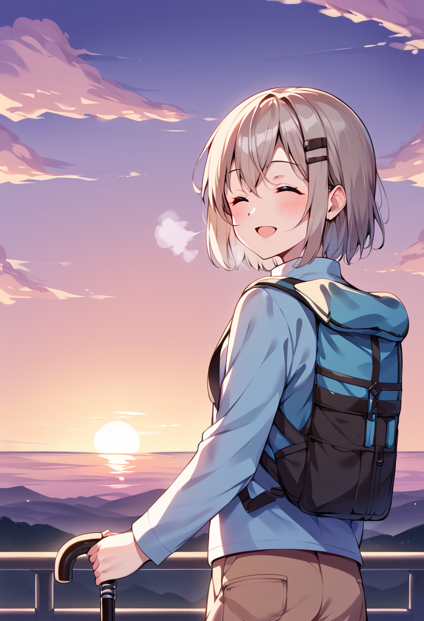 Anime girl with backpack and walking stick looking at the sunset ...