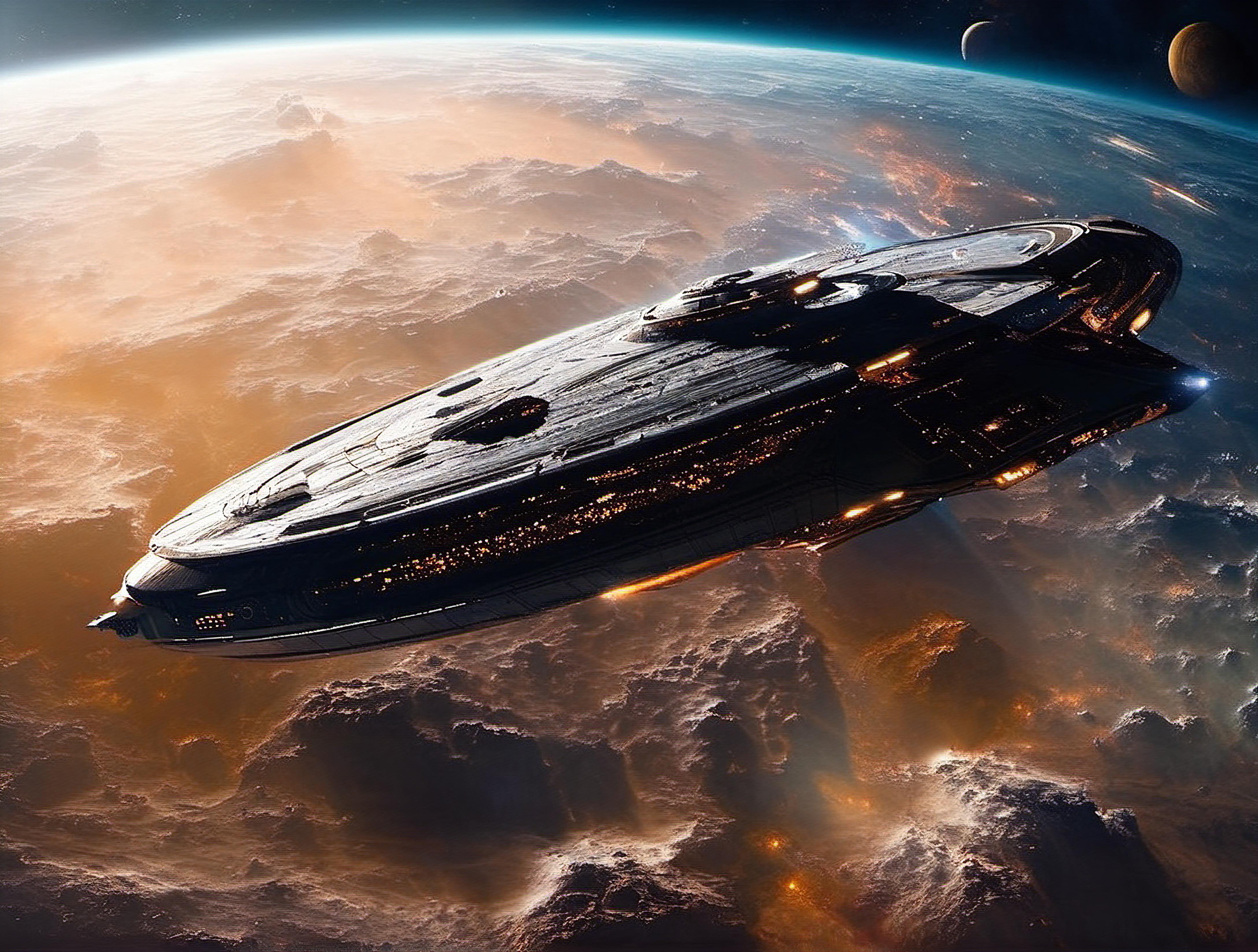 A close up of a spaceship flying over a planet with a moon in the ...